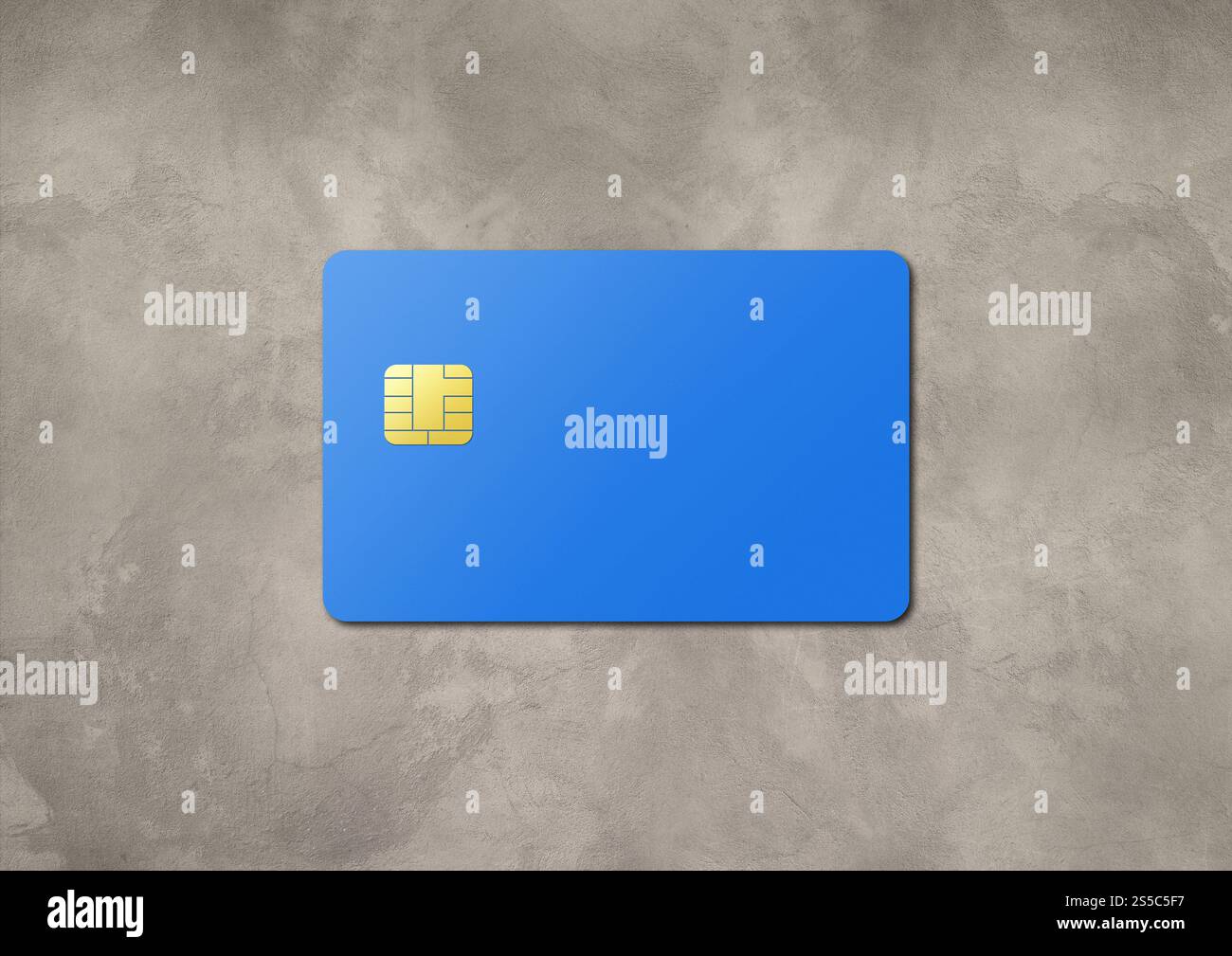 Blue credit card template on a concrete background. 3D illustration. Blue credit card on a ...