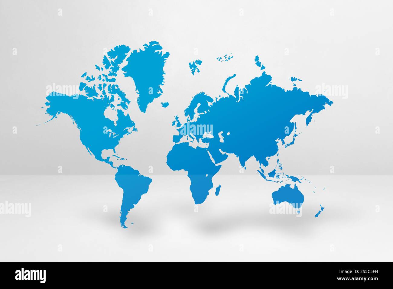 Blue world map isolated on white wall background. 3D illustration. Blue world map on white wall ...