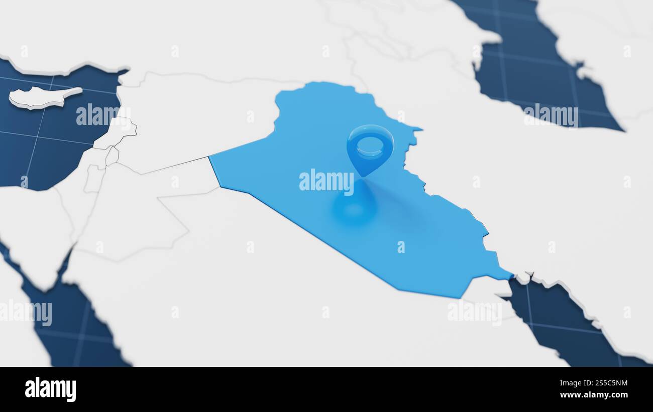 Blue Iraq 3d map with pointer pin surrounded with other countries in ...
