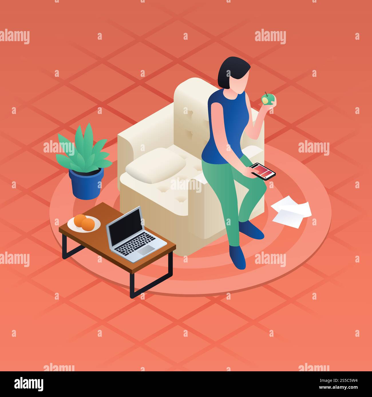 Woman home distant work concept background. Isometric illustration of ...