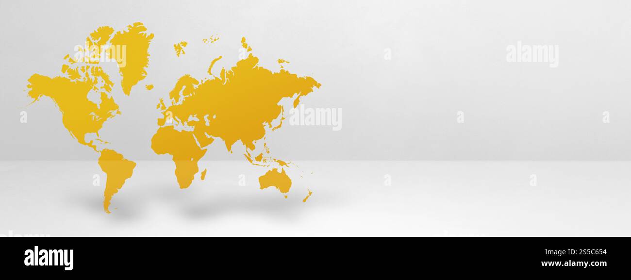 Yellow world map isolated on white wall background. 3D illustration ...