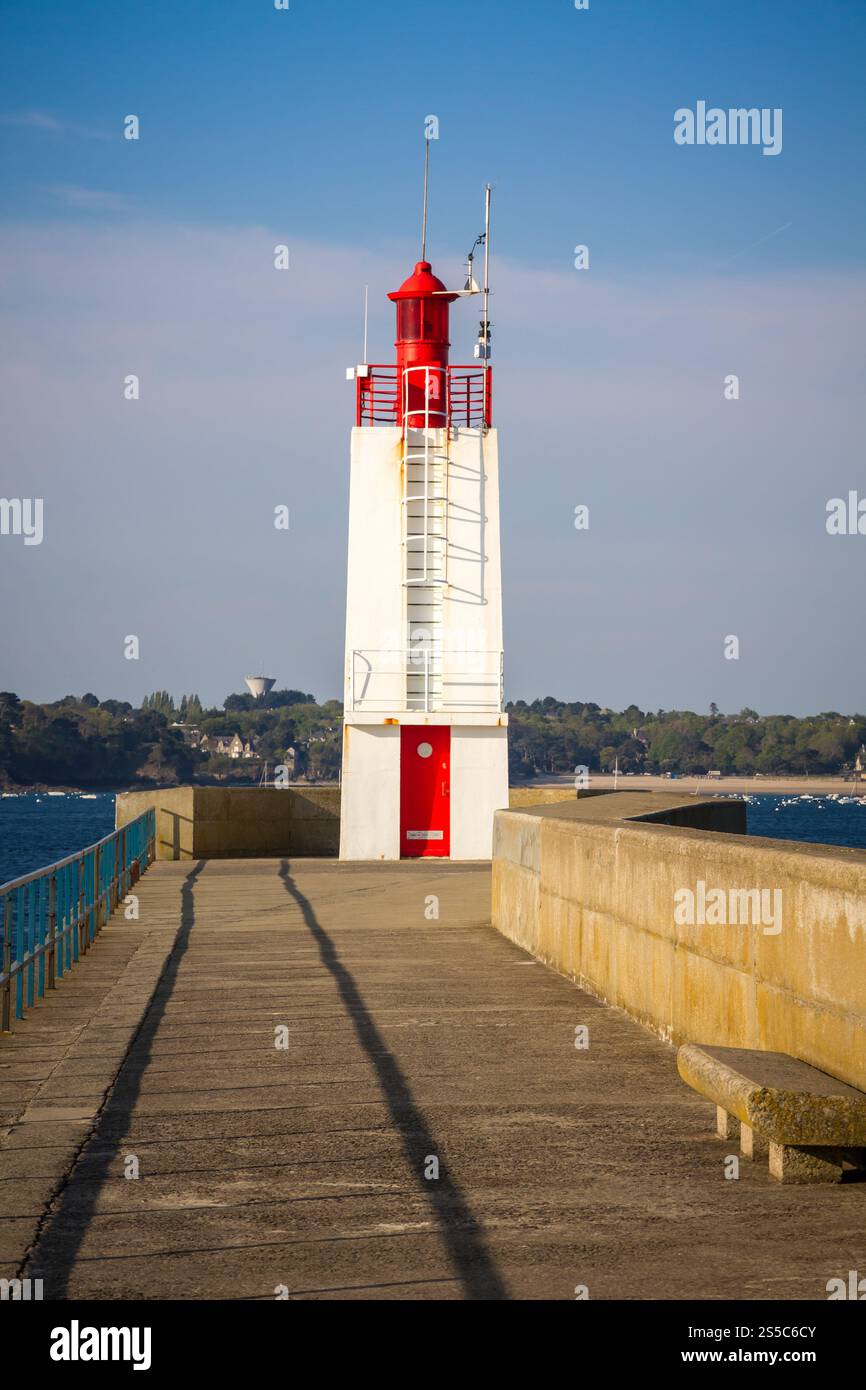 Saint-Malo lighthouse and harbor pier, Brittany, France. Saint-Malo ...