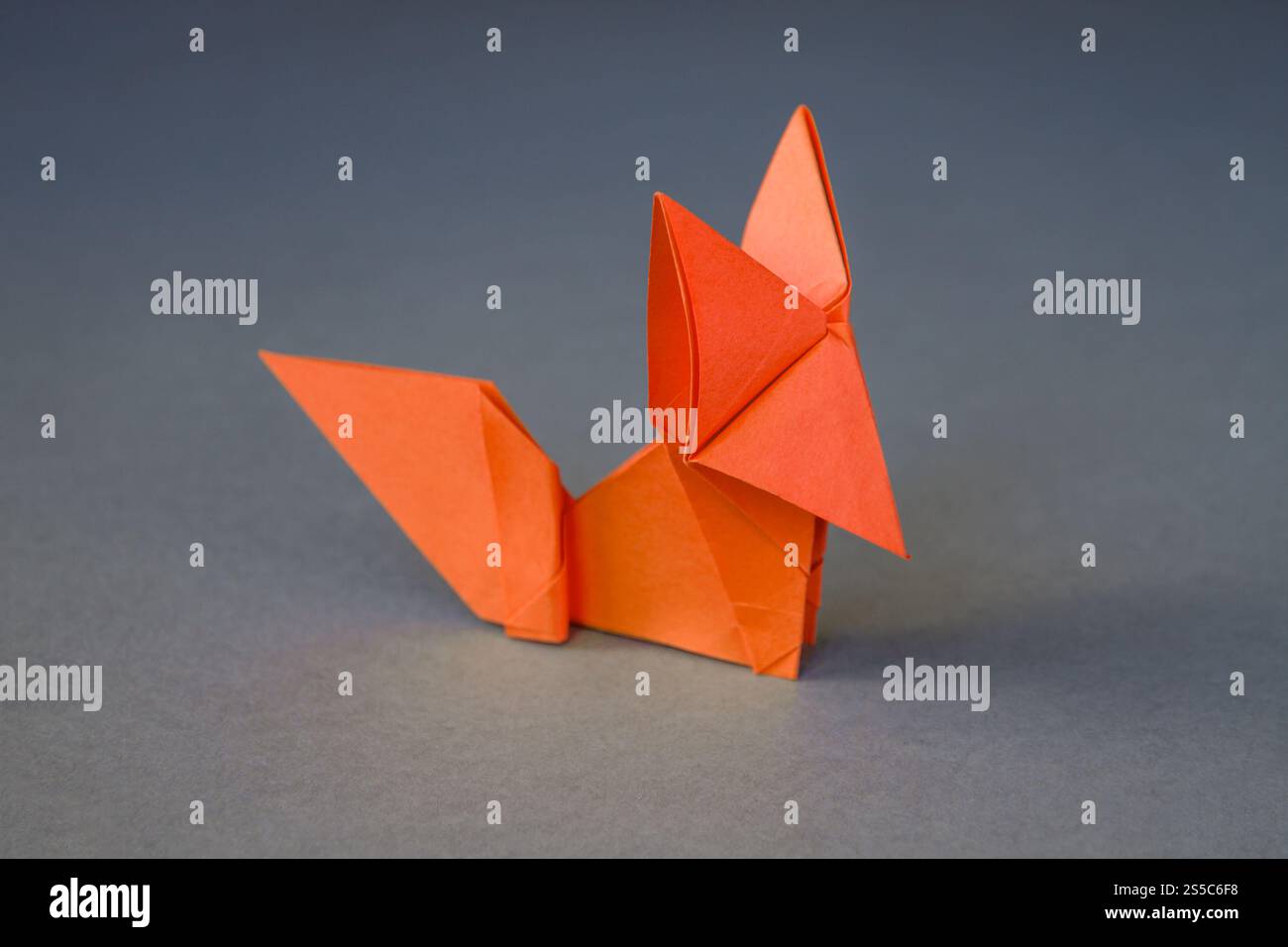 Orange paper fox origami isolated on a blank grey background. Orange ...