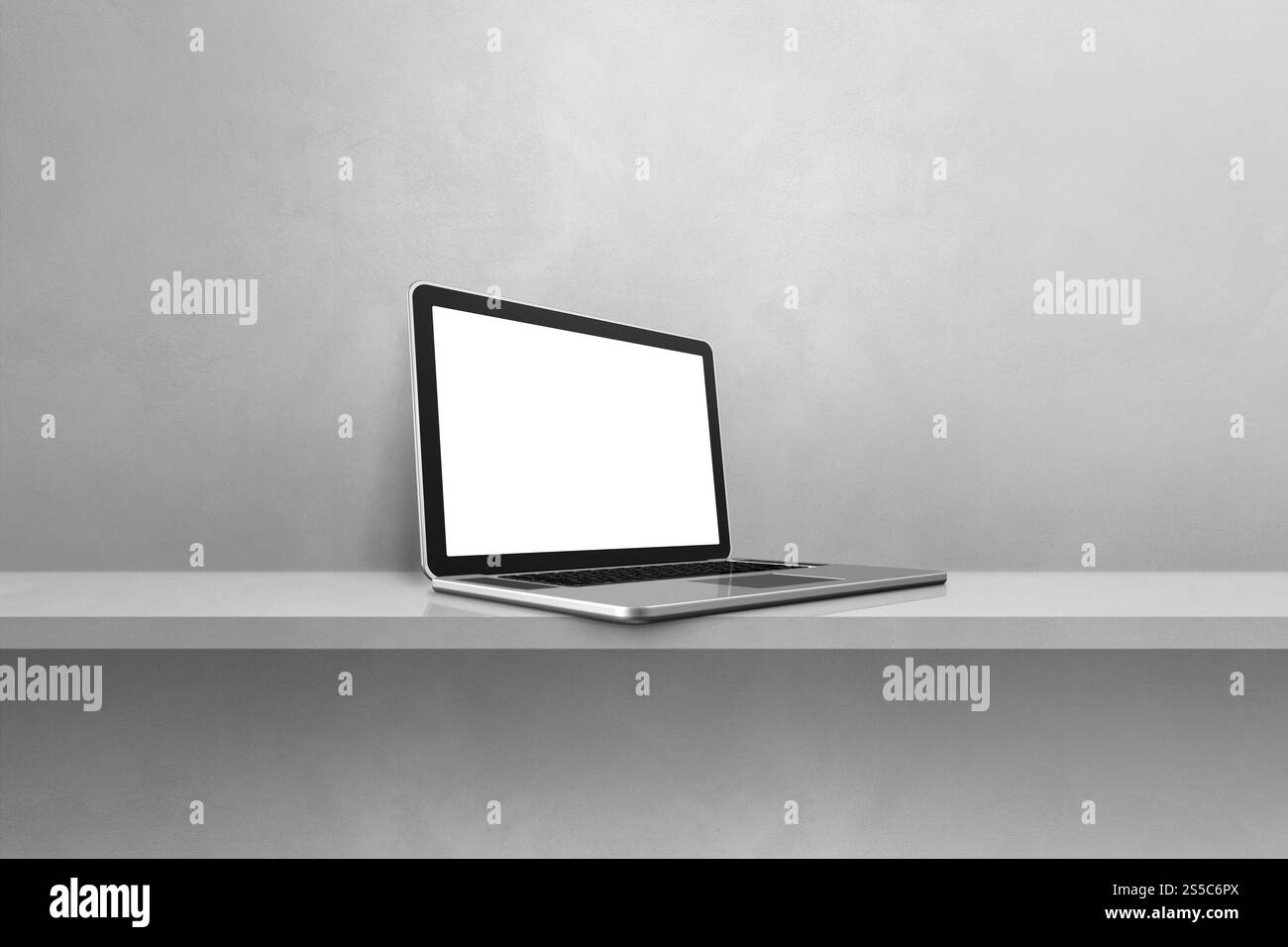 Laptop computer on grey shelf background. 3D Illustration. Laptop ...