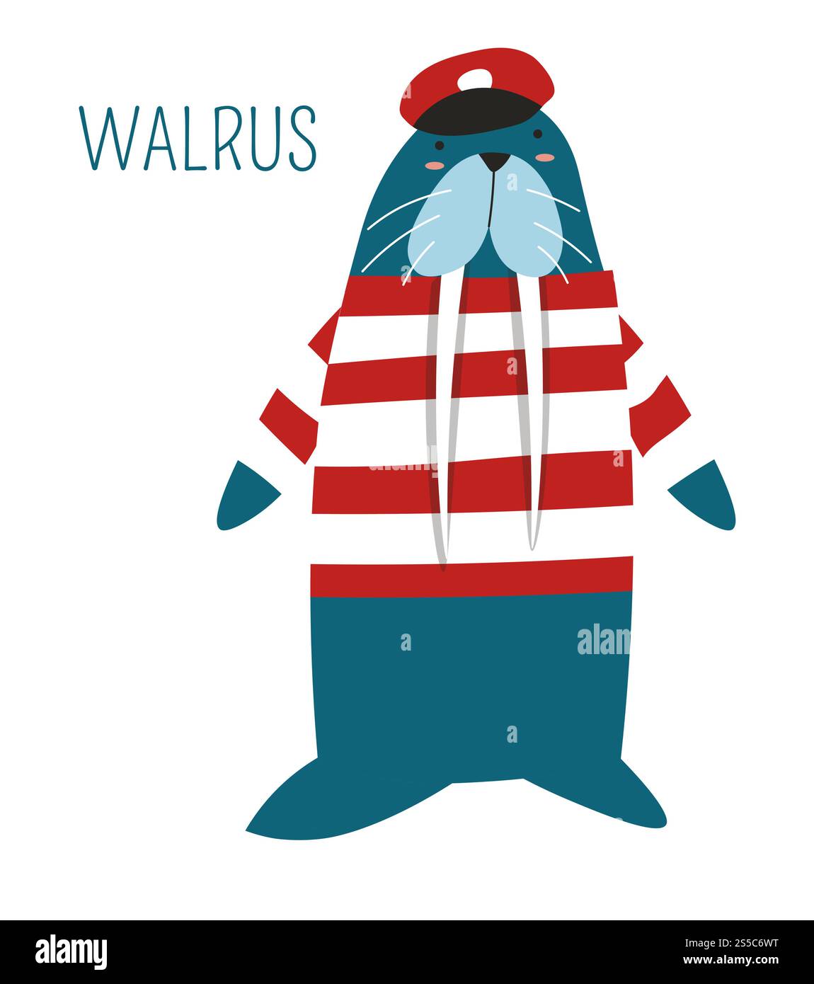 Walrus in captain outfit childish book cartoon character. Sea animal ...