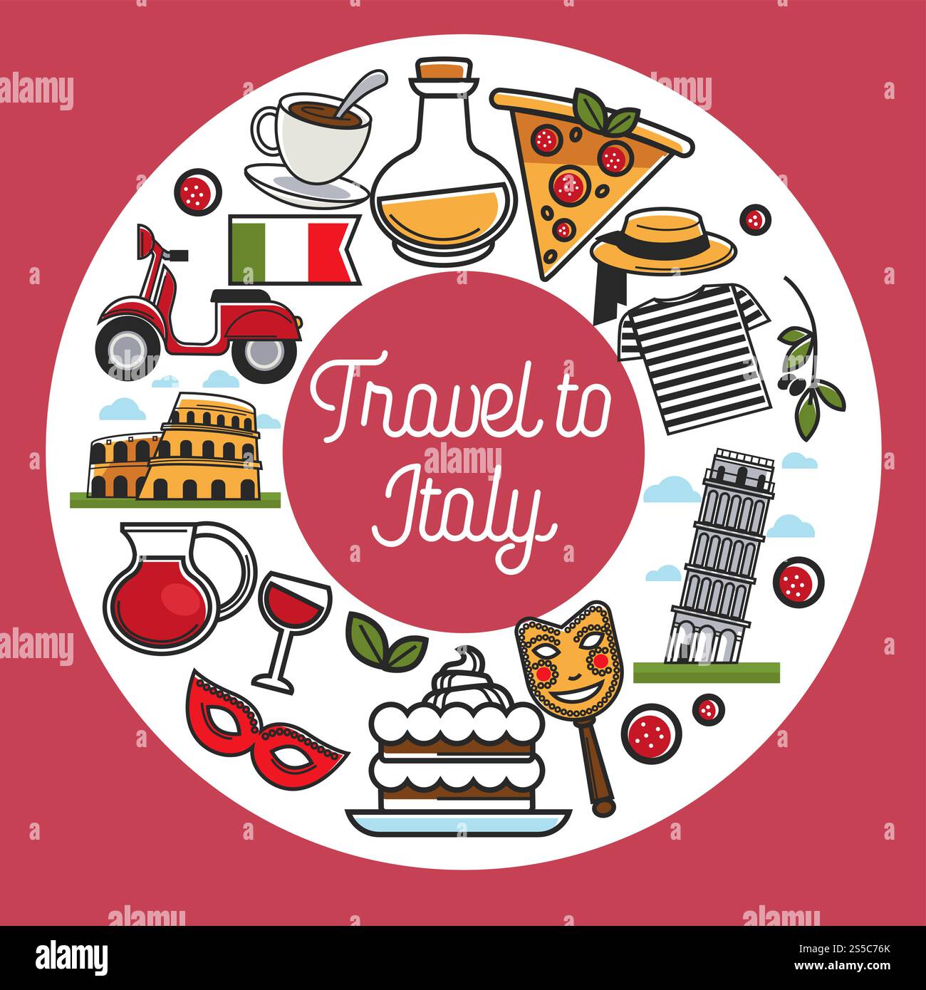 Italy travel poster of famous landmark symbols vector italian flag hi ...