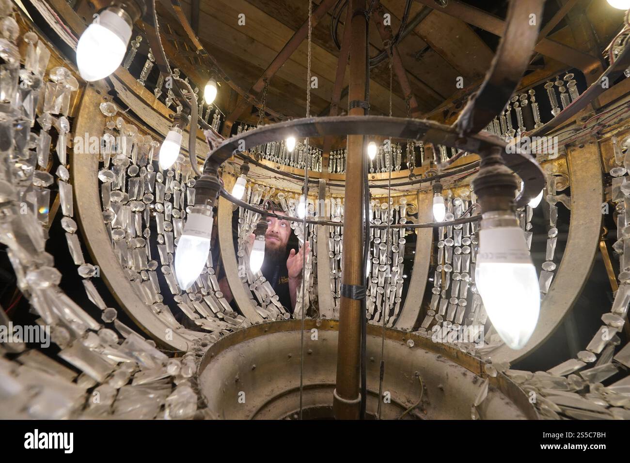 Jason Cardwell from the Tower ballroom team inspects the inside of a ...