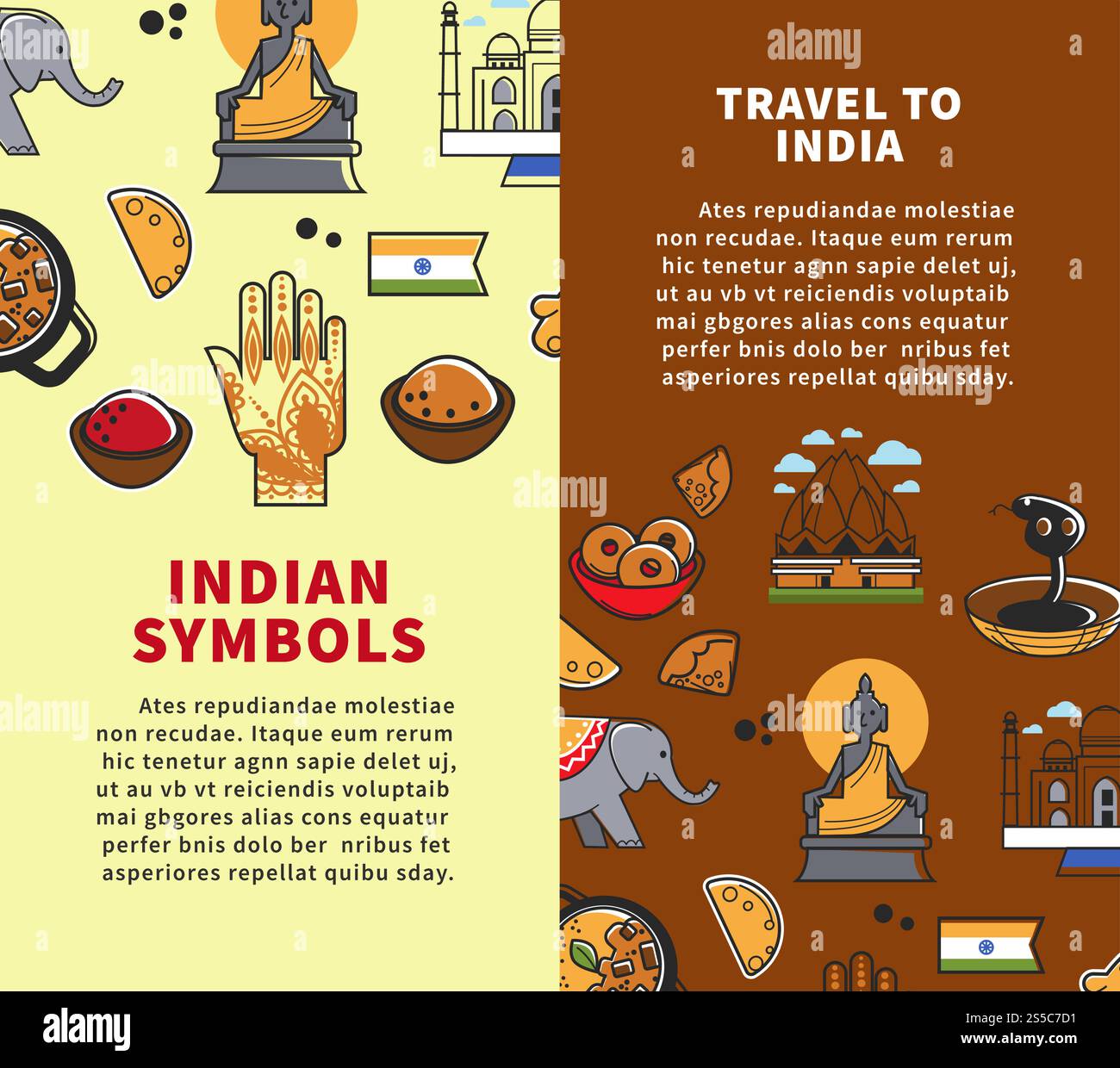 Indian symbols posters with headlines set representing India. Travel to ...