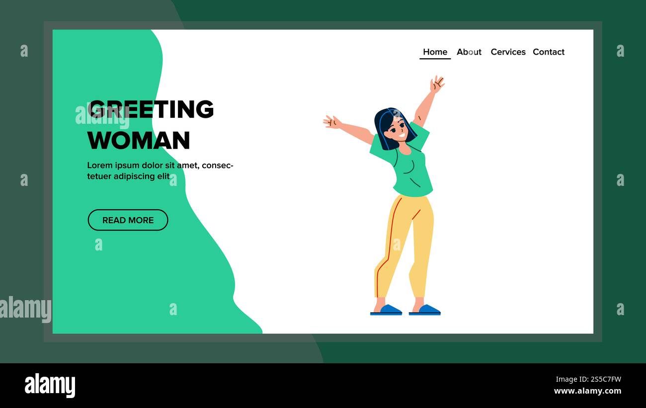 Greeting Woman Waving Hands To Friends Vector. Happy Greeting Woman ...