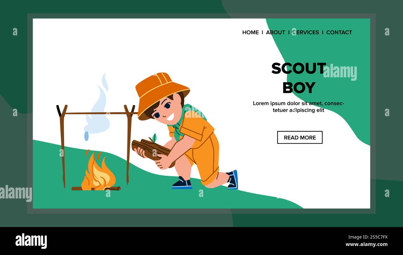 Scout Boy Child Starting Bonfire Outdoor Vector. Scout Boy Kid Start ...