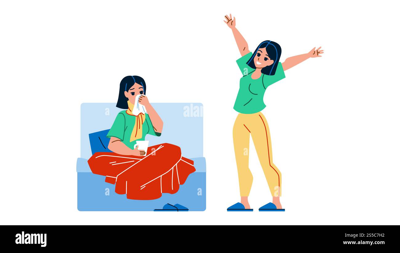 Sick And Healthy Girl Happiness After Ill Vector. Sickness Lady Sitting ...