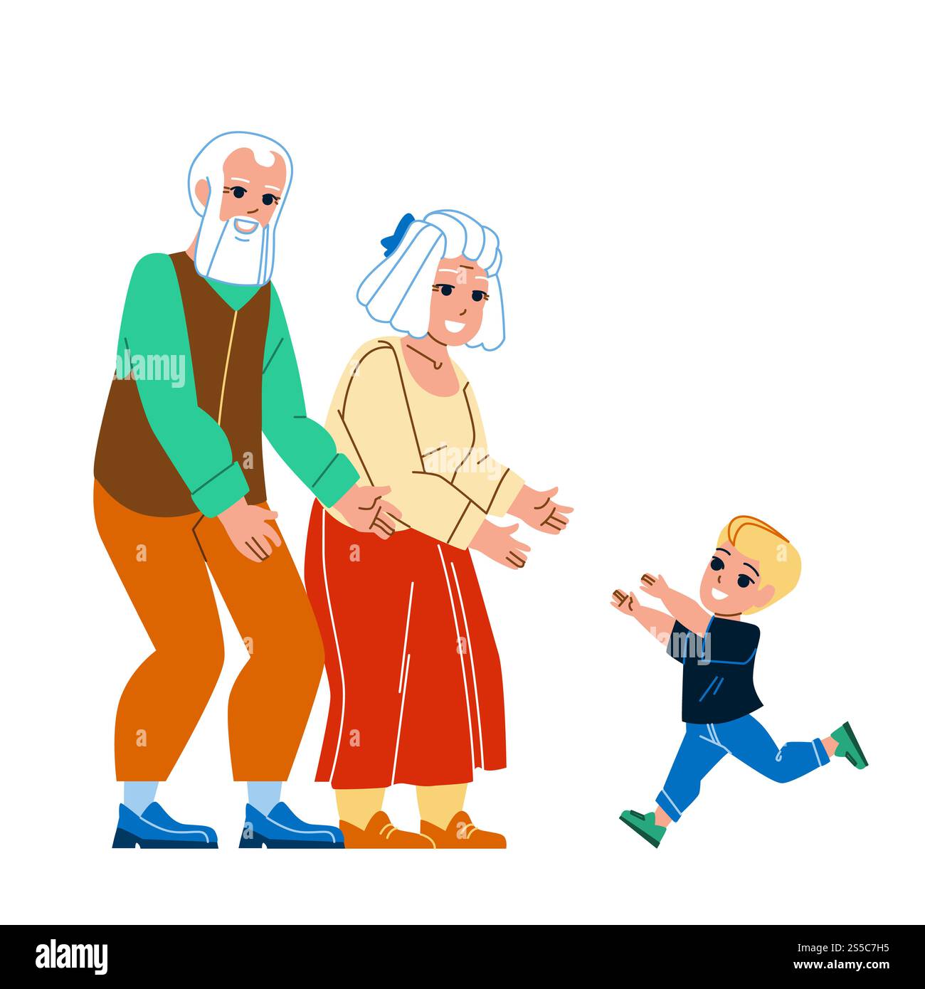 Grandparents Visit Grandchildren Family Vector. Happy Grandfather and ...