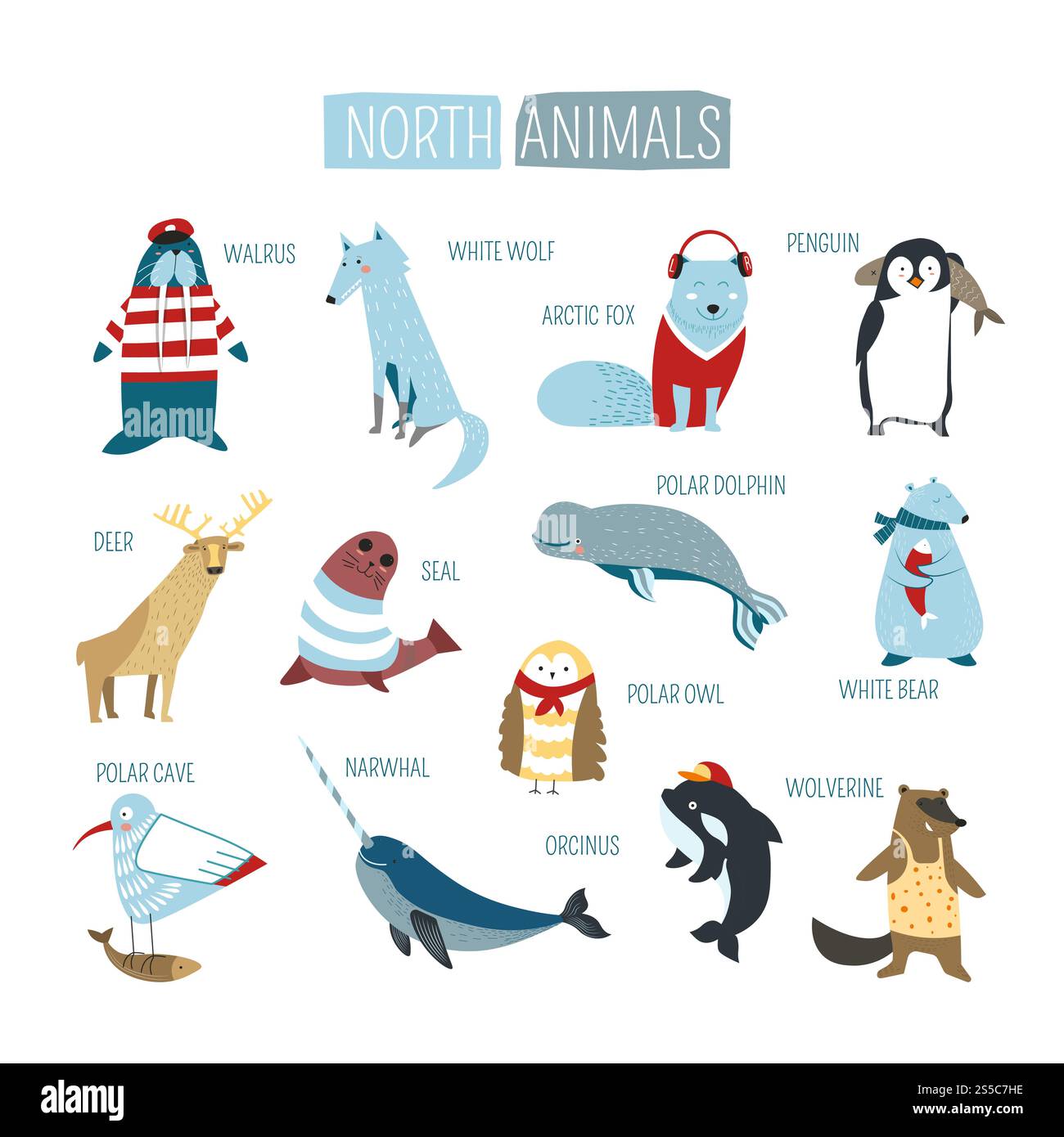 Cartoon North or South pole animals for kids design. Vector funny zoo ...
