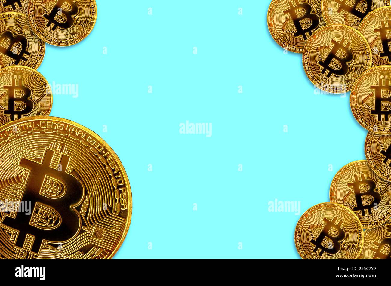 Many golden bitcoins with copy space. Background image for ...