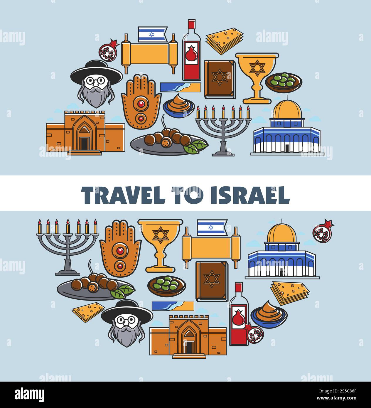 Israel travel landmarks and culture symbols. Vector poster of Israel ...