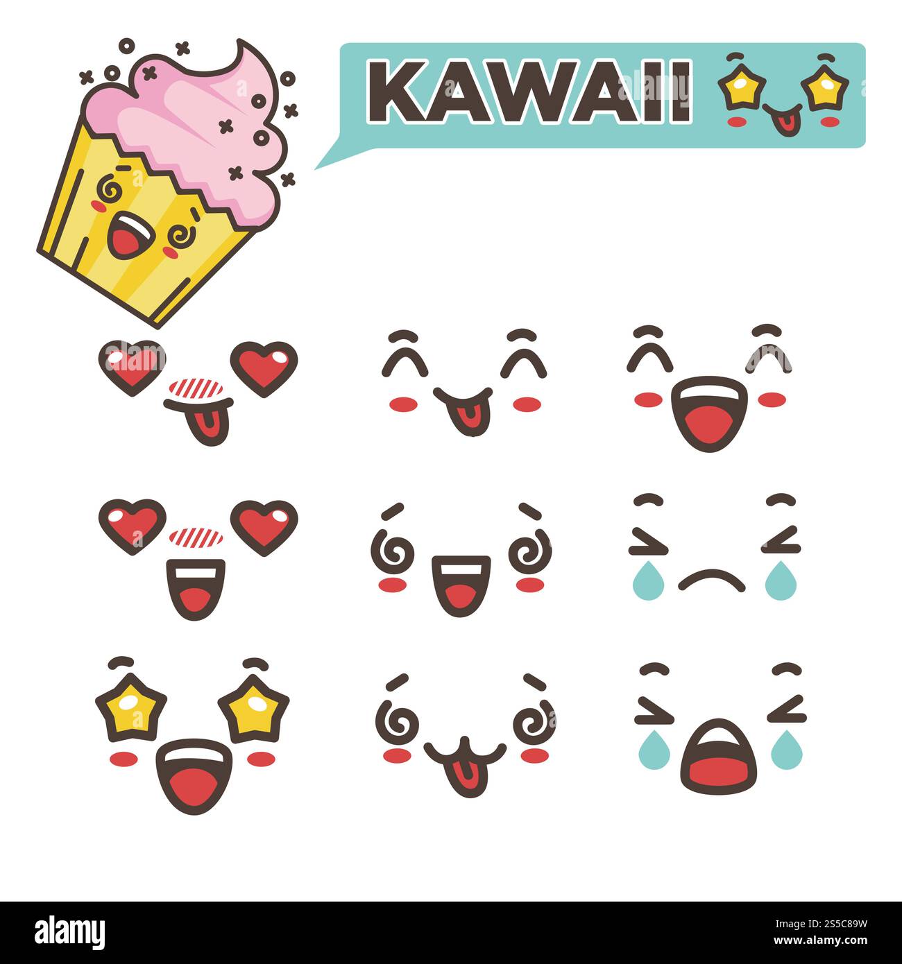 Kawaii emojis set asian japanese smileys poster with cupcake delicious ...