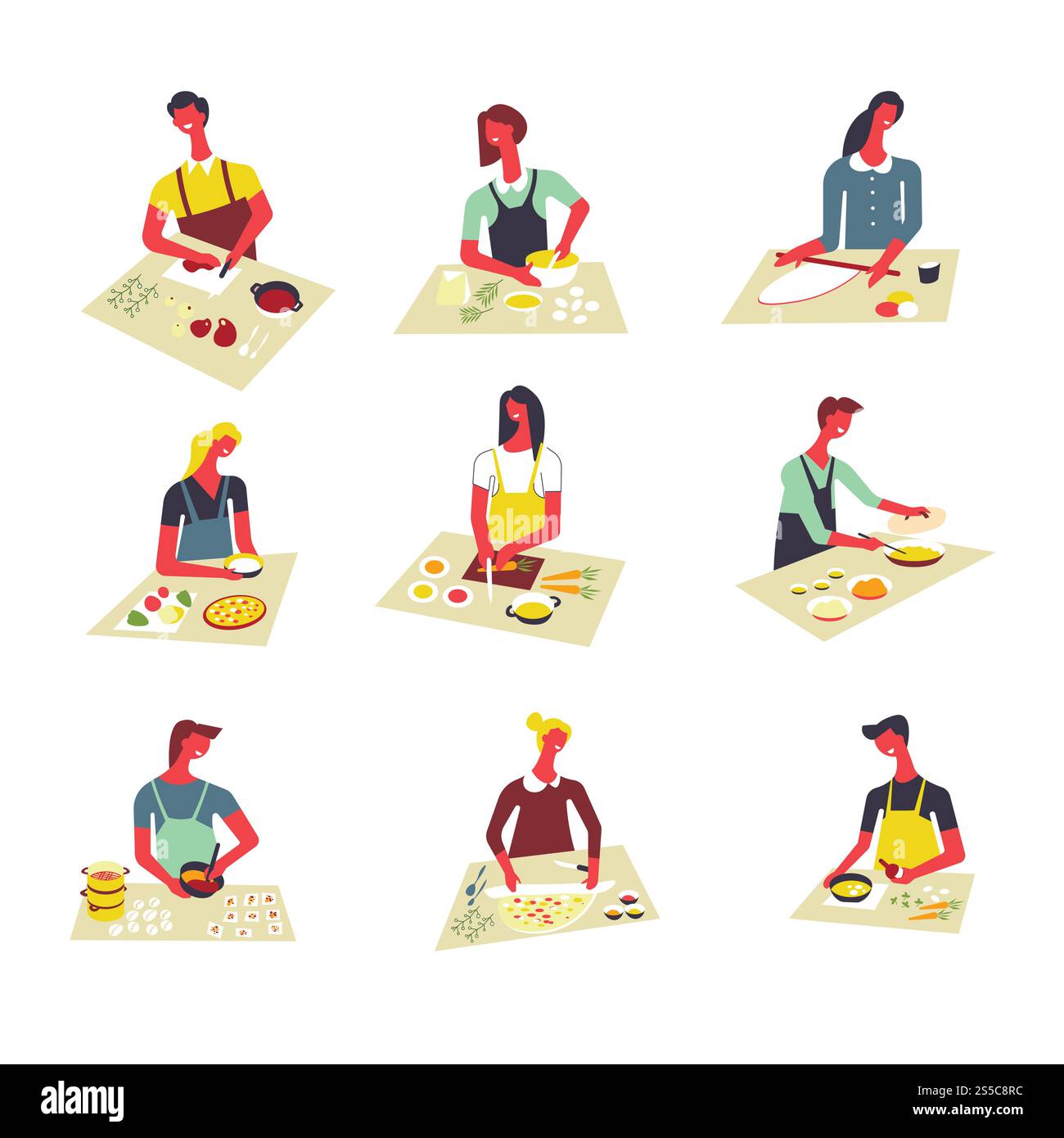 Woman cooking at kitchen table, making pizza or soup and cutting food ...