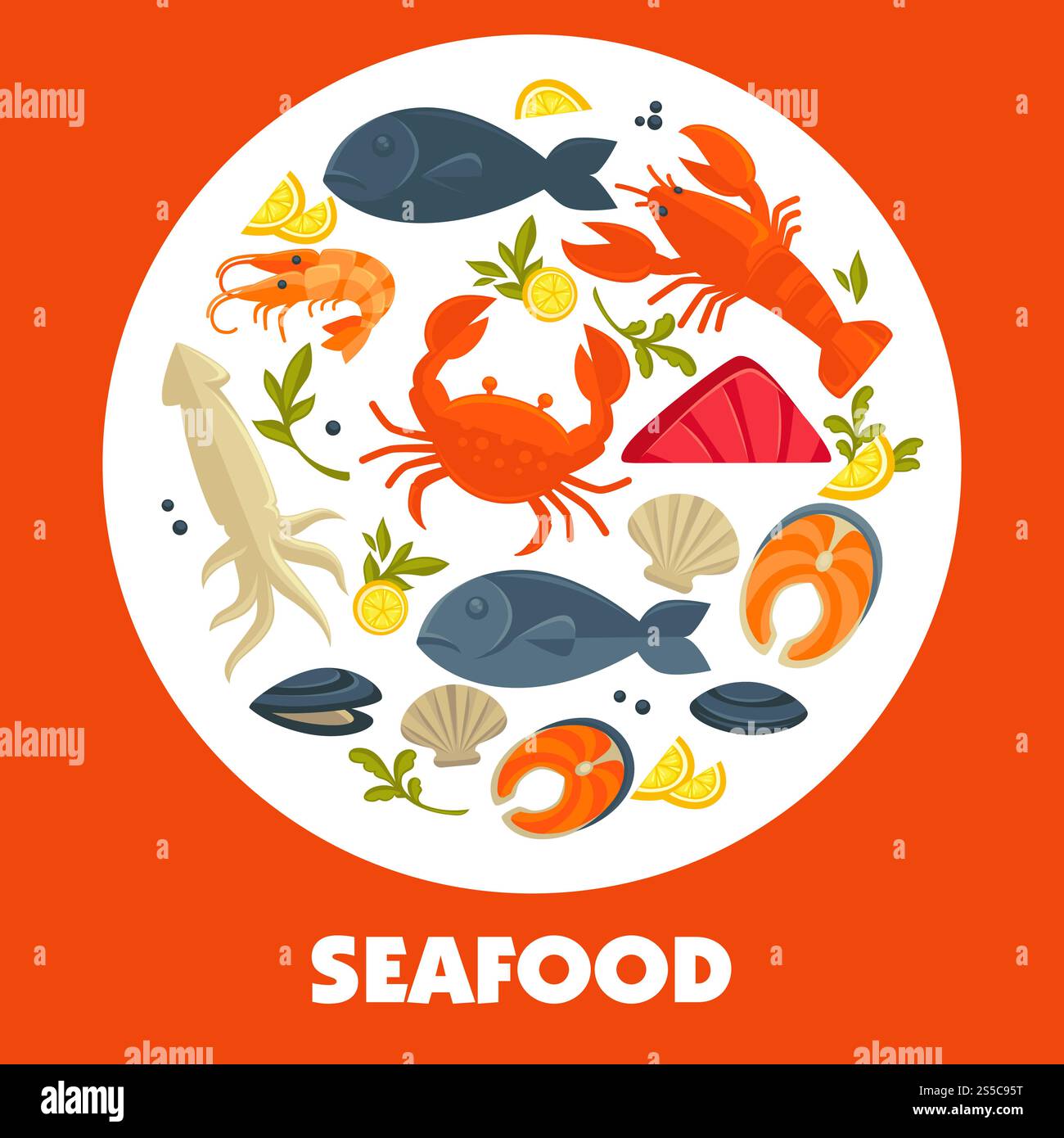 Seafood poster with prepared dishes set. Cooked crab and crayfish meat ...