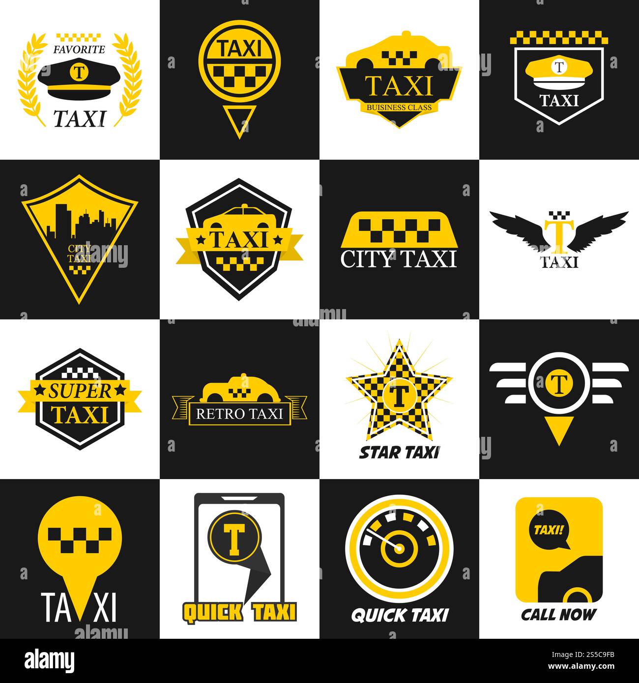 Taxi vector logo templates of yellow checkered retro cab car and letter ...