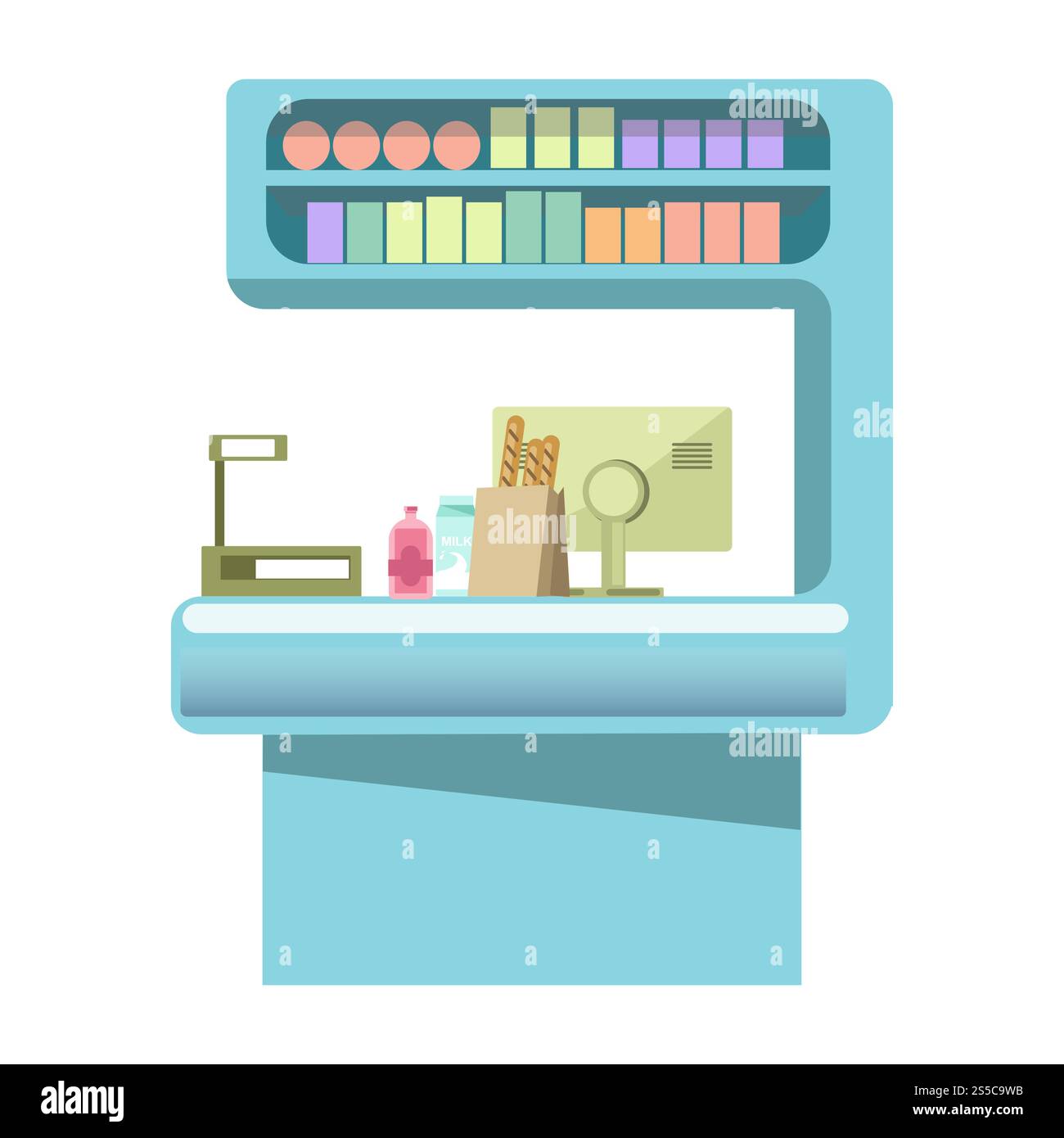 Cashier counter with products on automatic line and computer monitor ...