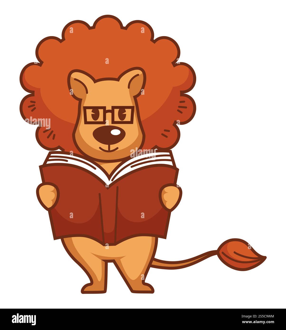 Lion with big mane in glasses reads book. King of animals leran new ...