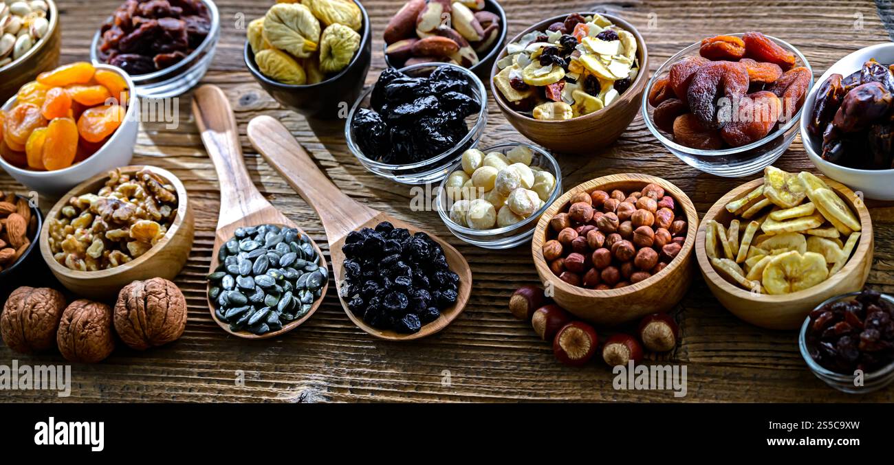 Composition with a variety of dried fruits and assorted nuts ...