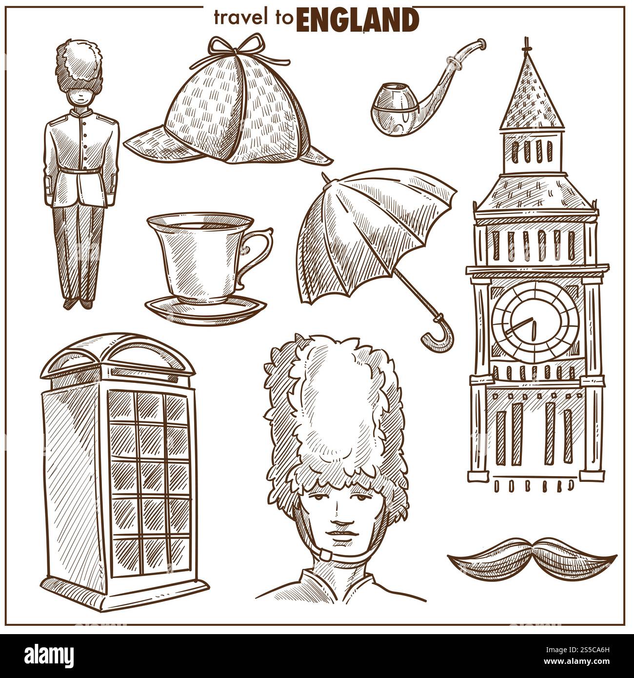 England travel tourism sketch symbols and famous culture landmarks or ...