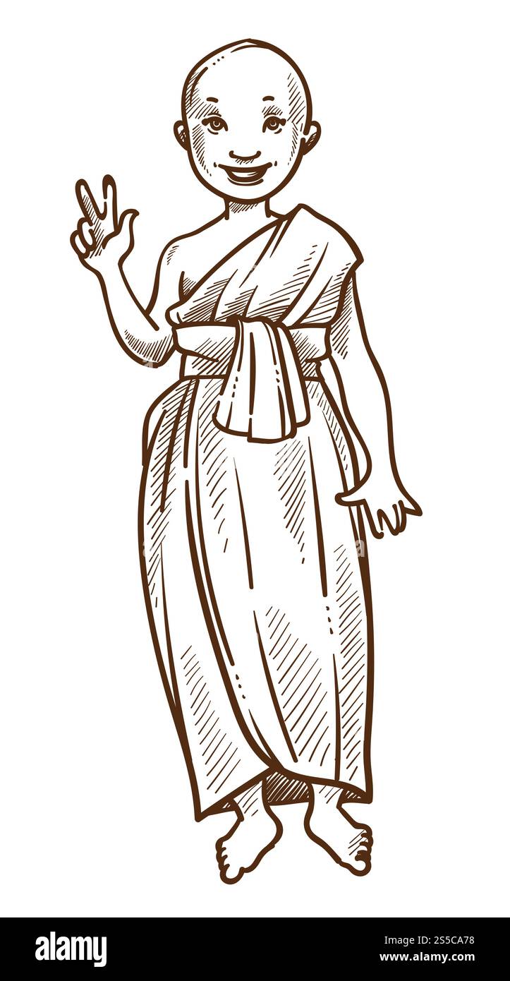 Smiling monk showing gesture monochrome sketch outline. Hand drawn ...
