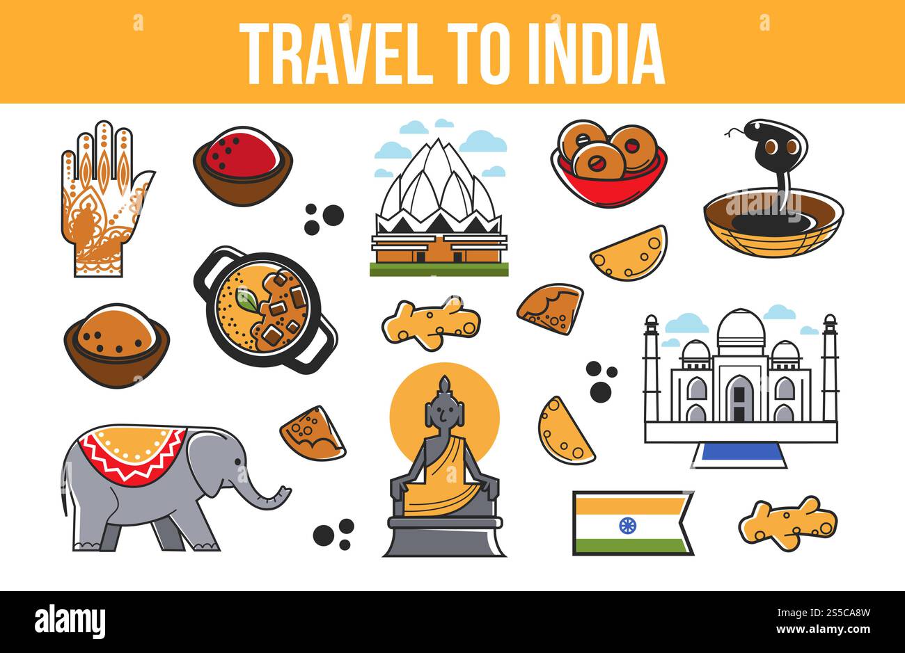 India travel and culture landmarks and symbols. Vector Indian flag, Taj ...
