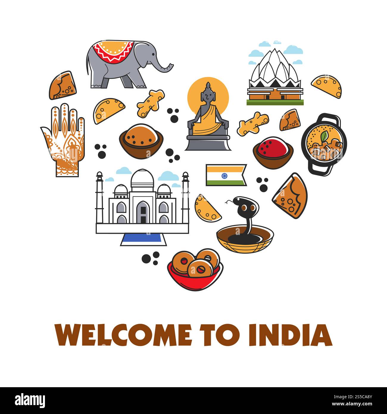 India travel heart poster of culture symbols and famous landmarks ...