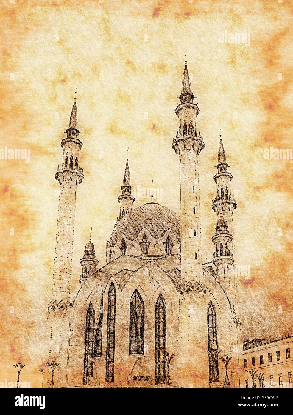 Vintage background with image of Kul Sharif mosque, Kazan, Russia ...