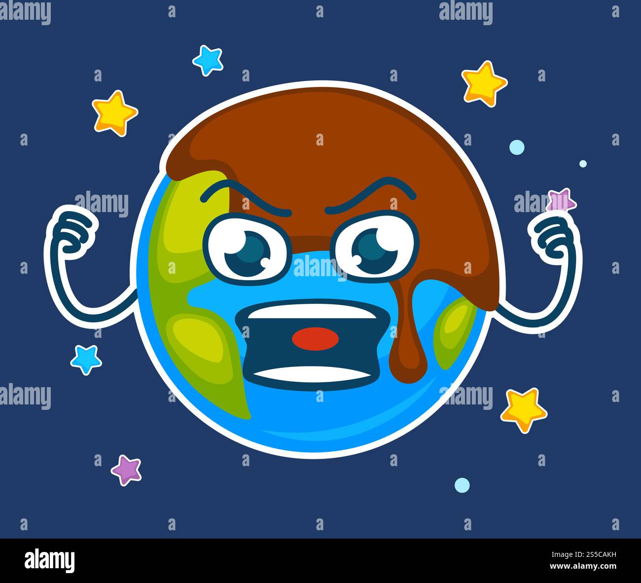 Earth covered in mud with angry face among stars. Humanized planet that ...