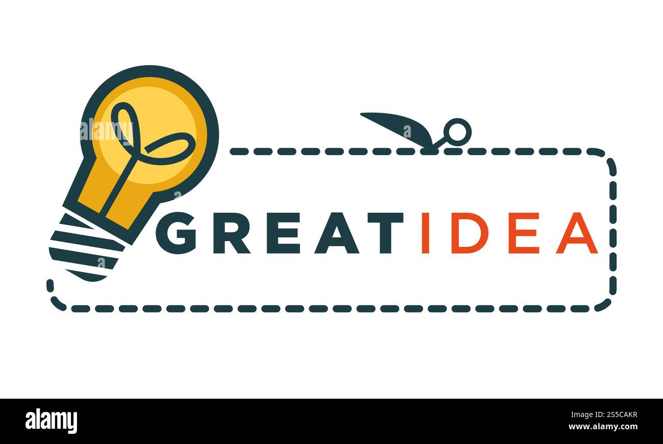 Great idea promo logotype with light bulb and sign. Ingenious thought ...