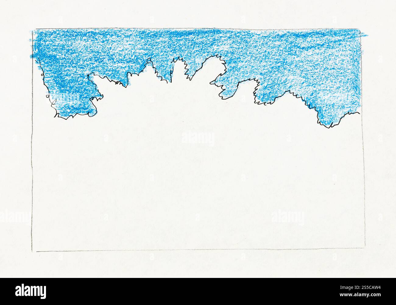 outline sketch of lush bush under blue sky hand-drawn with black pen ...