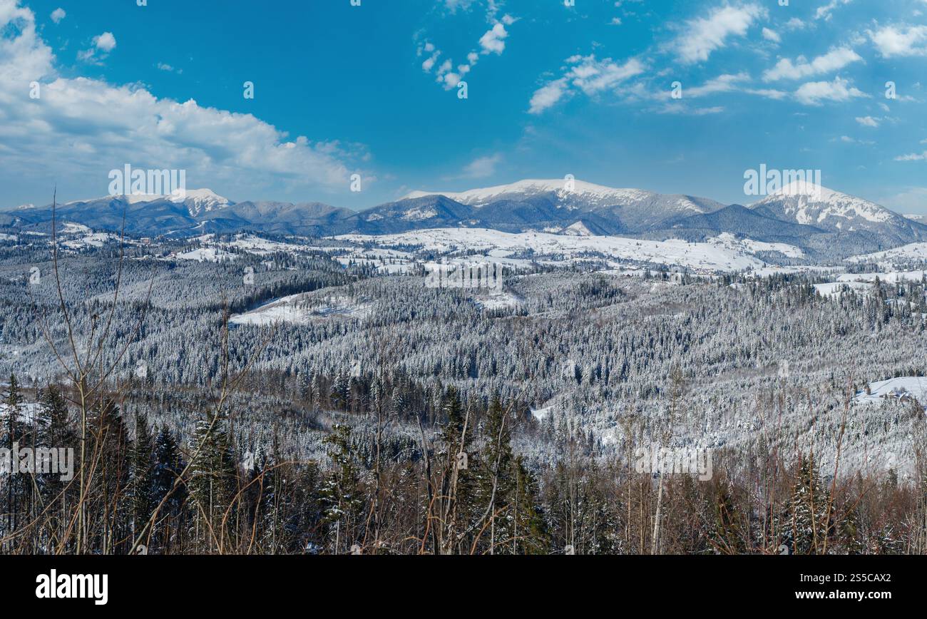 Winter remote alpine village outskirts, countryside hills, groves and ...
