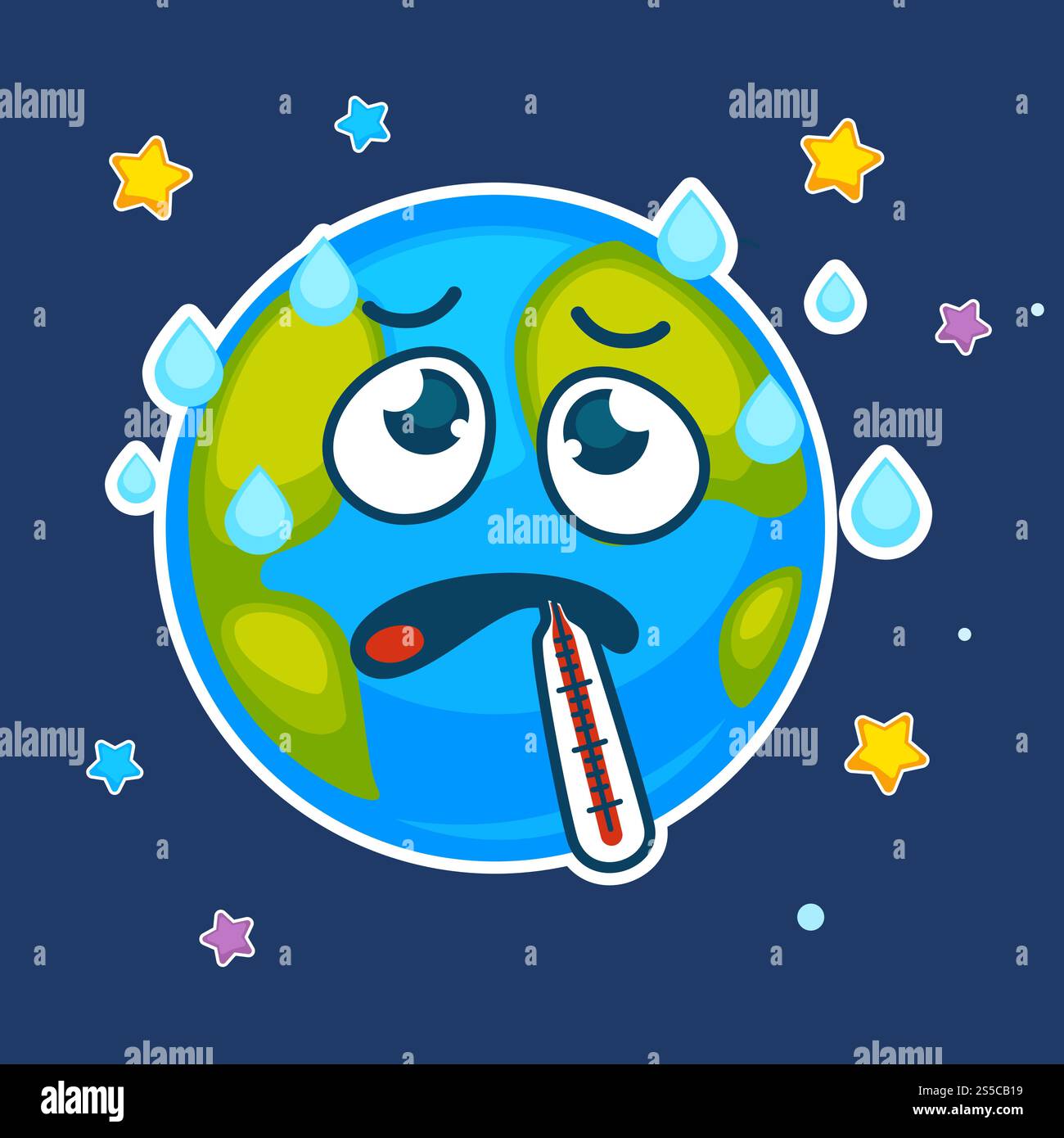 Cartoon earth planet ill in fever or flu cold with thermometer in mouth ...