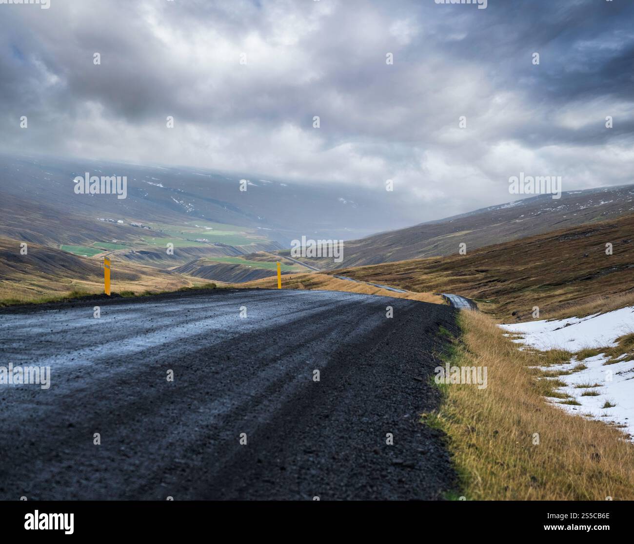 Gravel road and mountain view during auto trip in Iceland. Spectacular ...