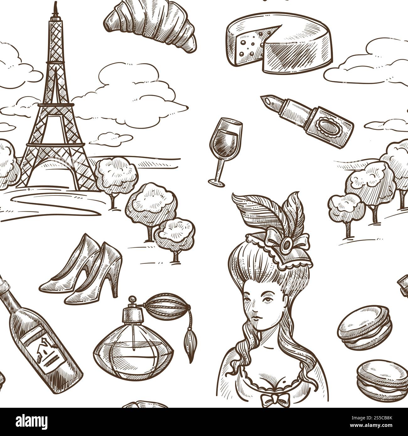 France landmarks and famous symbols sketch pattern background. Vector ...