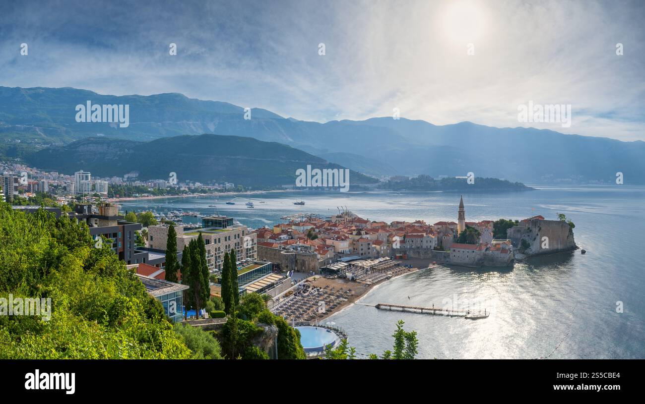 Budva old town morning summer panorama view, Montenegro. People are ...