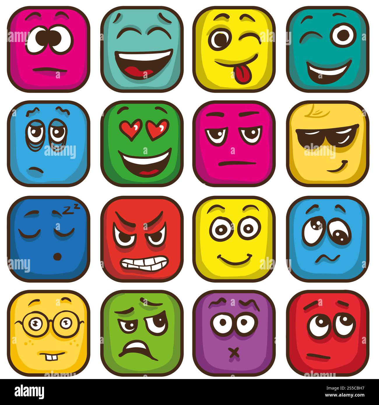 Set of colorful emoticons, square emoji flat. Vector Illustration.. Set ...