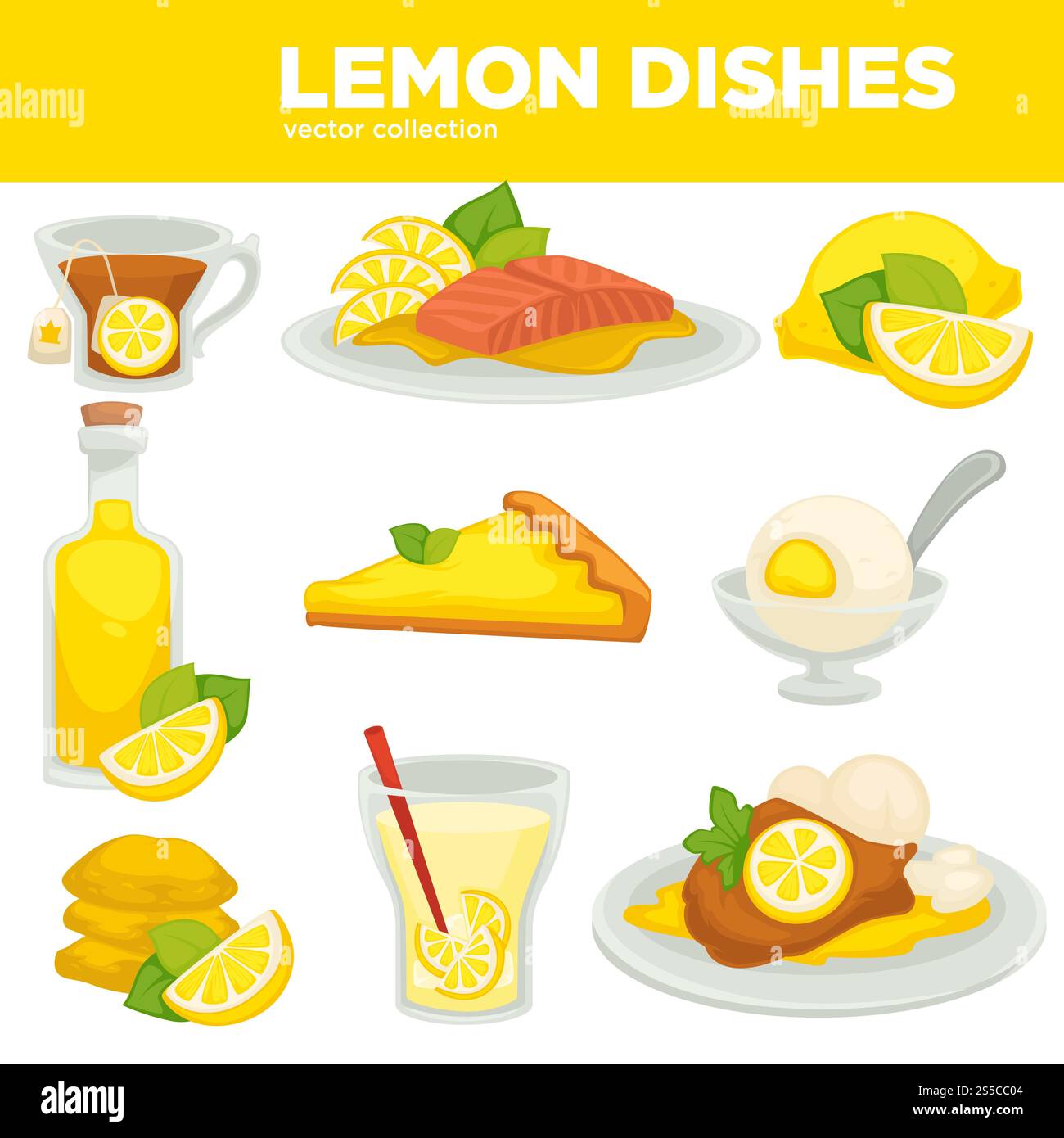 Lemon dishes and drinks with unusual taste collection.Black tea ...