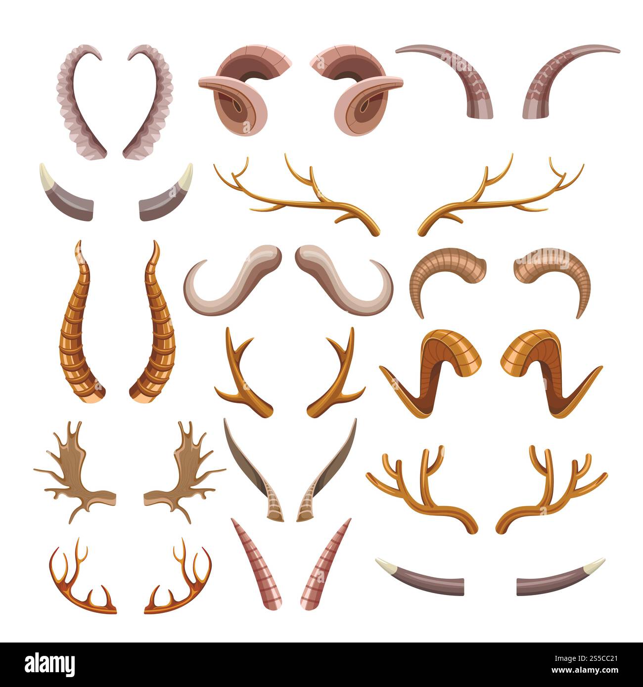 Branchy and sharp horns of wild animals set. Hunters natural trophies ...