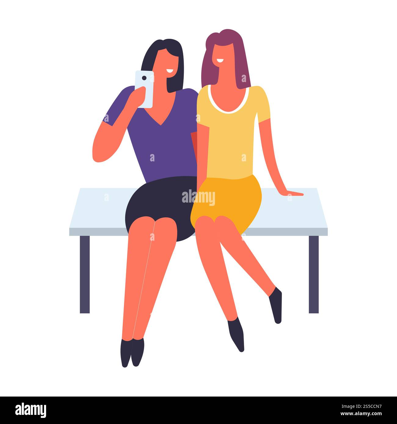 Women having fun and taking selfie together vector. People speaking and ...