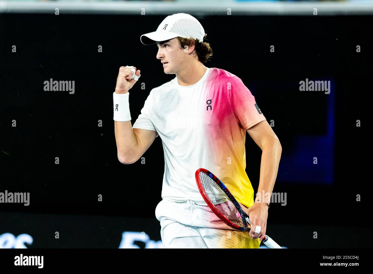 MELBOURNE, VIC - JANUARY 14: Joao Fonseca of Brazil celebrates during ...