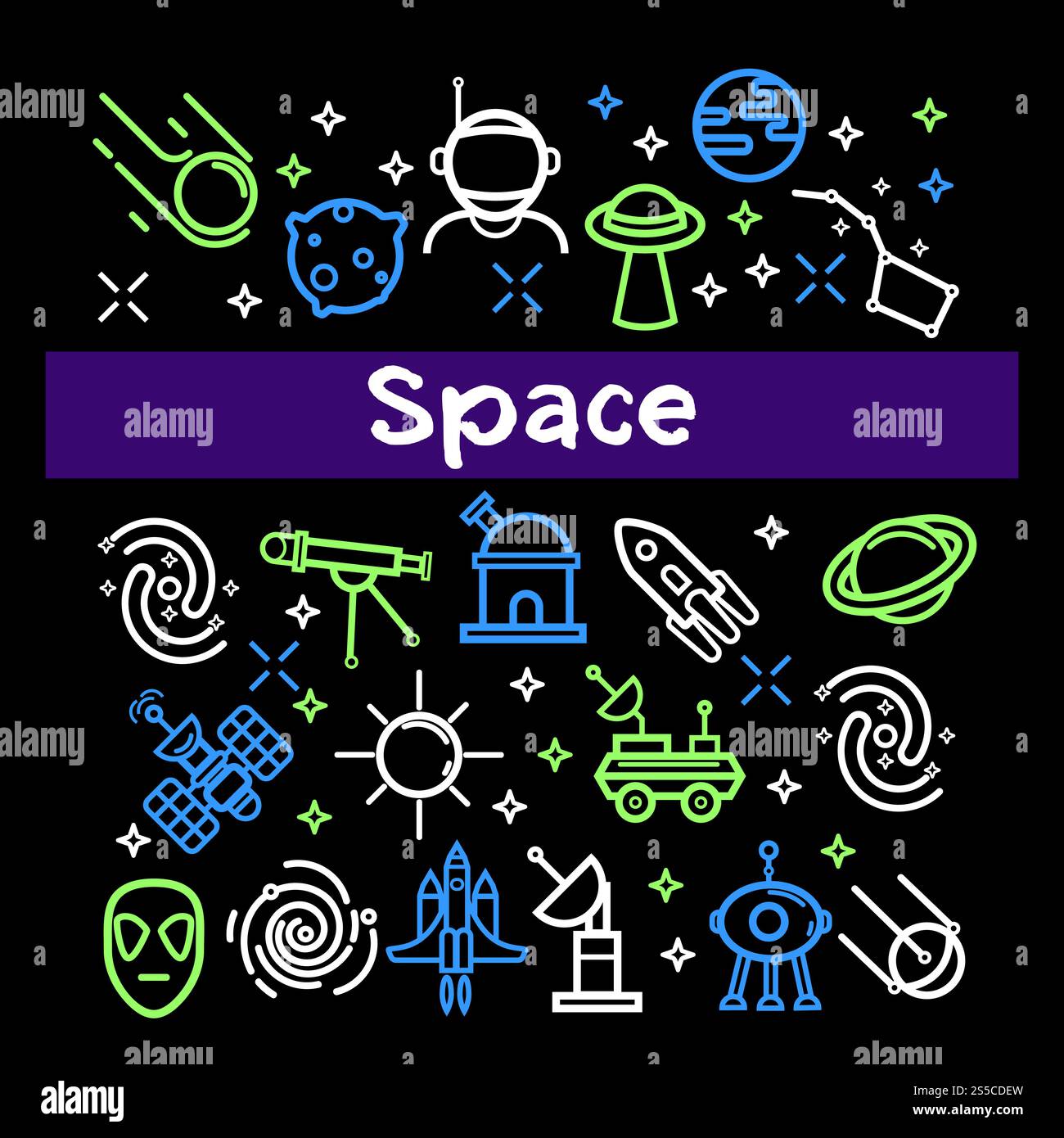 Space themed elements in bright neon colors set. Spaceman in helmet ...