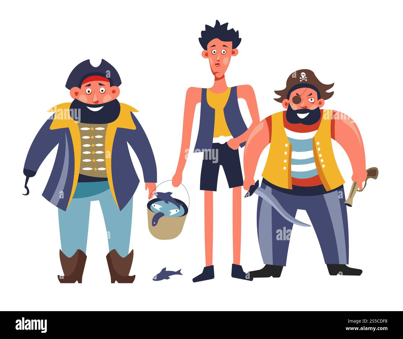 Pirates people with man holding bucket with fish vector. Person without ...
