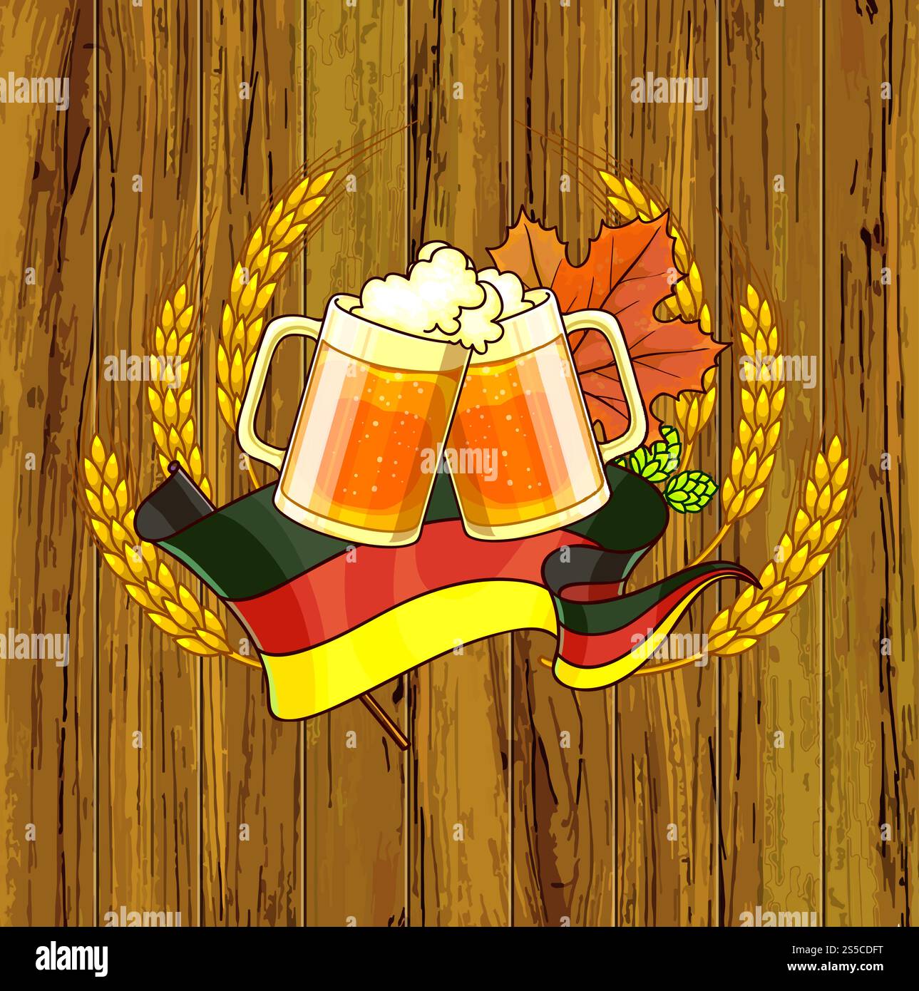 Octoberfest festival cartoon design with glass of beer, ears. Vector ...