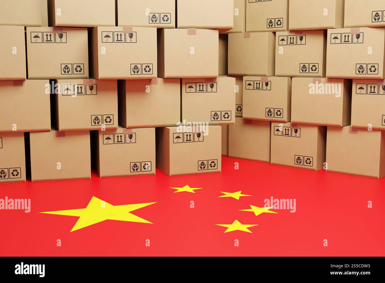 Piles of brown carton boxes on a floor printed with the national flag ...