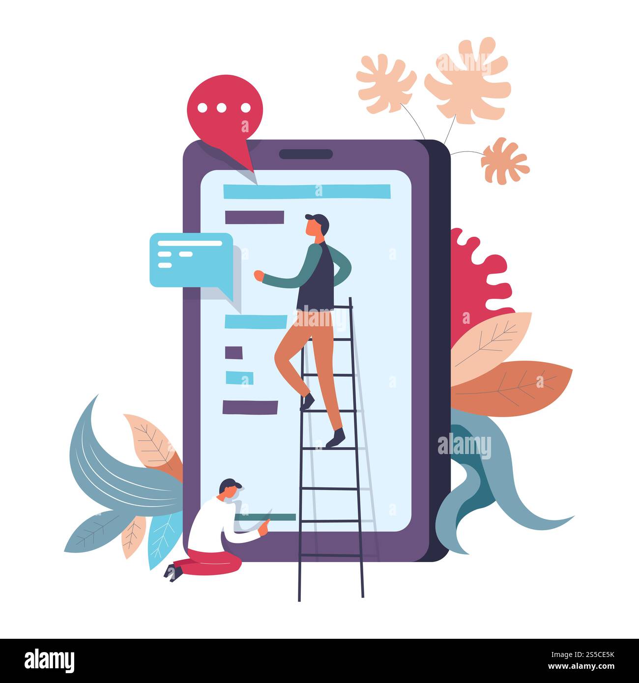 Mobile phone screen and chatting boxes. People maintaining technical ...