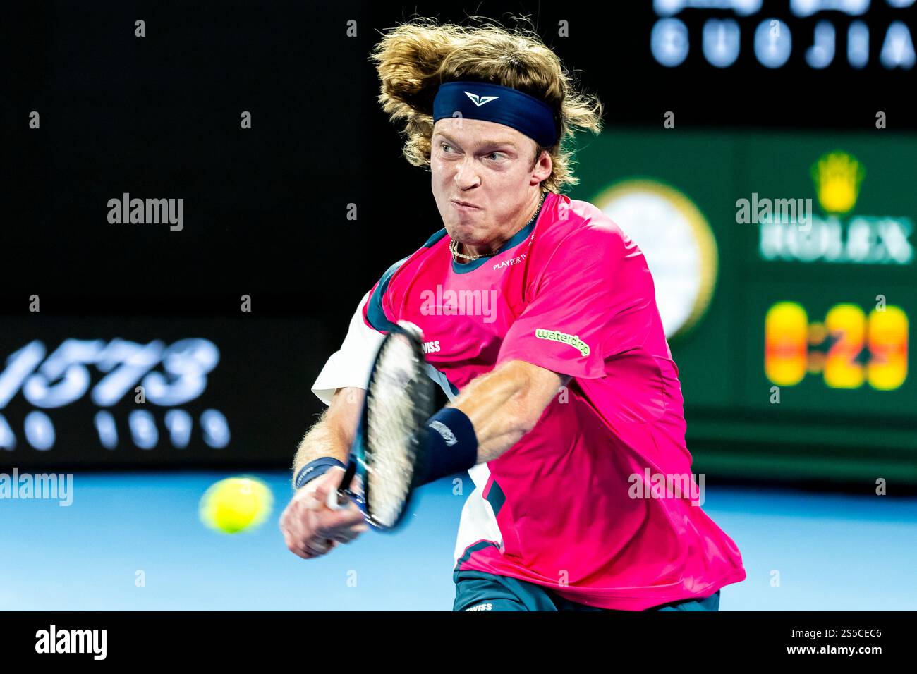 MELBOURNE, VIC - JANUARY 14: Andrey Rublev of Russia in action during ...